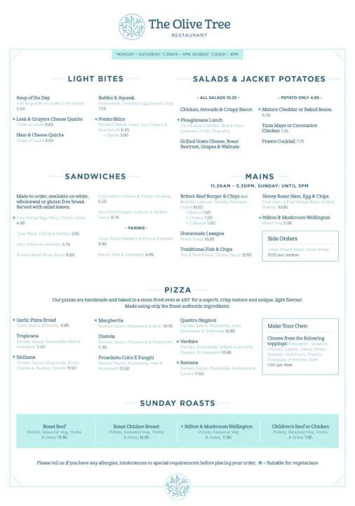 Daytime Menu - The Olive Tree - Ashtead Park Garden Centre | Surrey