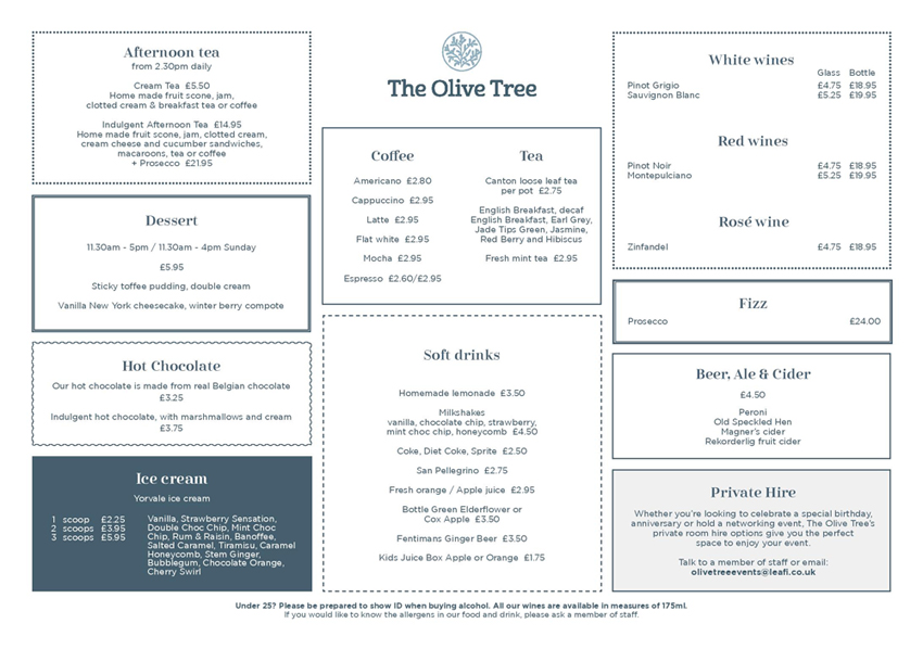 Daytime Menu - The Olive Tree - Ashtead Park Garden Centre | Surrey