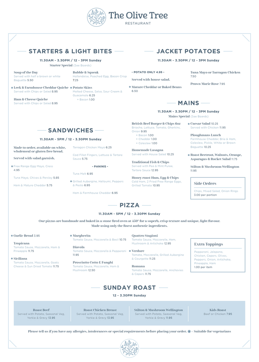 Daytime Menu - The Olive Tree - Ashtead Park Garden Centre | Surrey